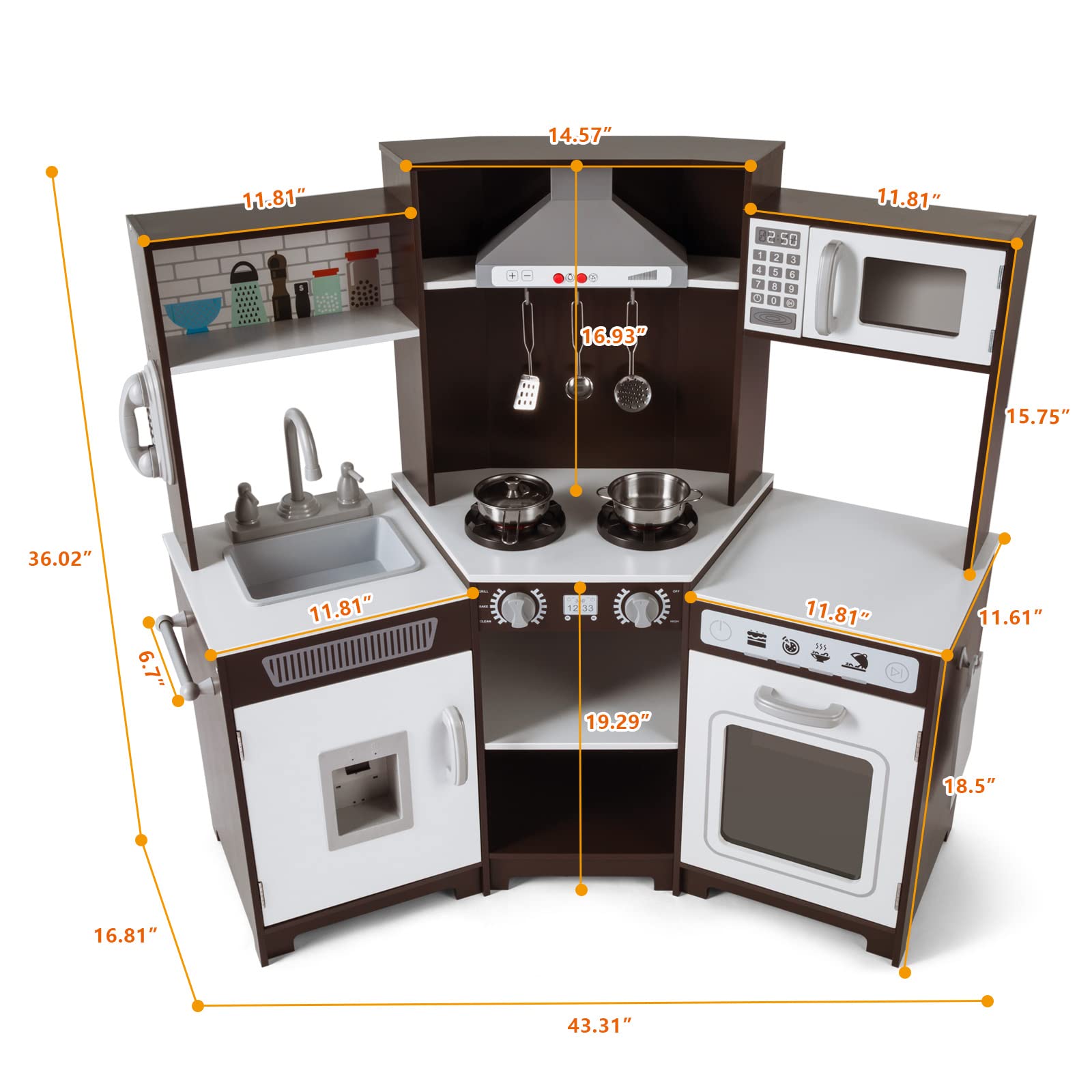 JOYLDIAS Kids Play Kitchen,Corner Wooden Pretend Toddler Kitchen Toys Playset with Realistic Lights & Sounds,Microwave Oven,Water Dispenser, Phone, Sink,Cooking Accessories, for Ages 3+, Brown