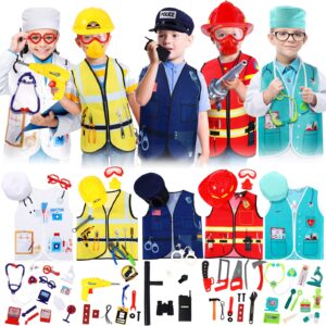 deekin 5 sets kids dressing up costumes, toddler dressing up and play for age 3-7, construction worker, police, firefighter, doctor, surgeon vest for boys girls pretend role accessories