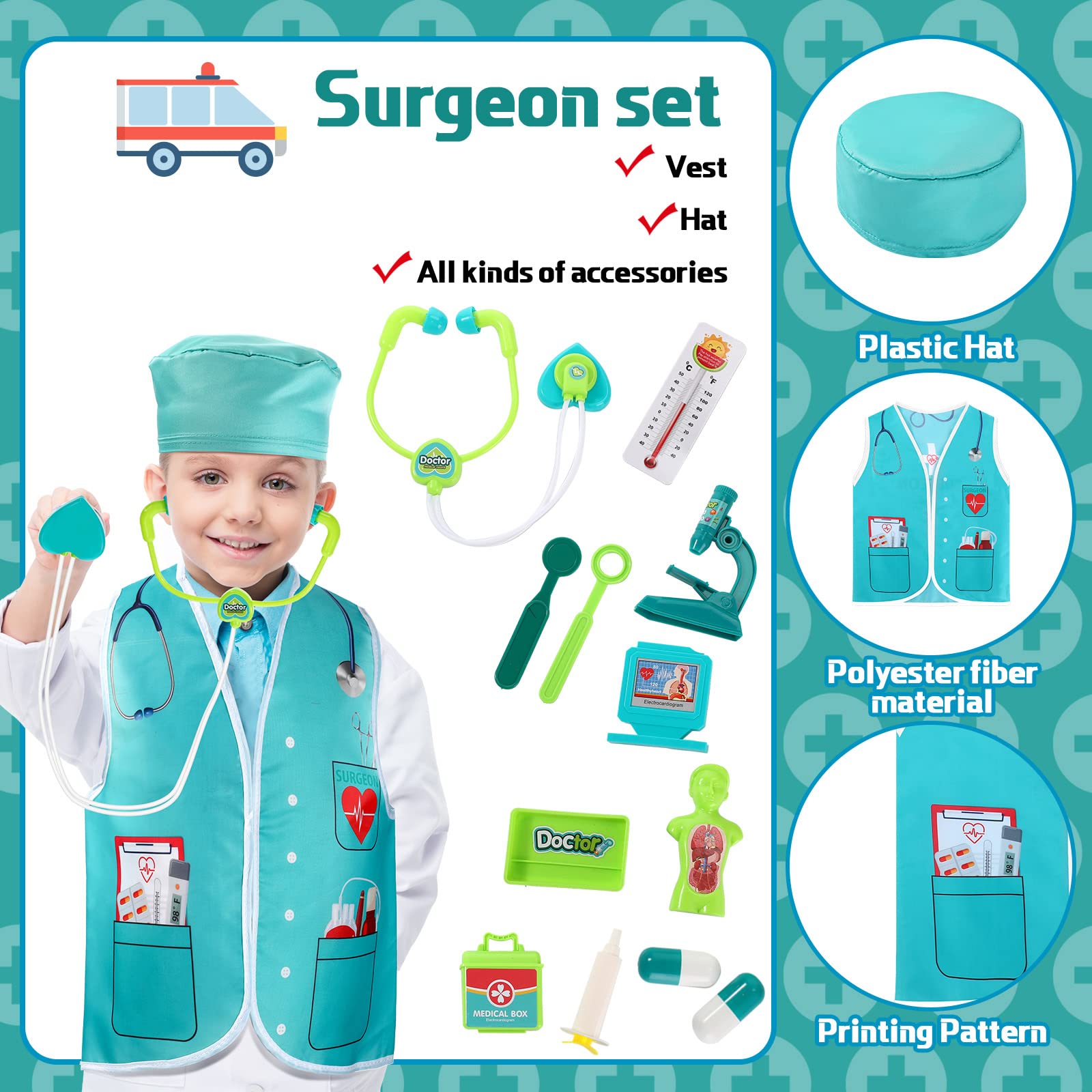 Deekin 5 Sets Kids Dressing up Costumes, Toddler Dressing up and Play for Age 3-7, Construction Worker, Police, Firefighter, Doctor, Surgeon Vest for Boys Girls Pretend Role Accessories