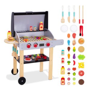 oook wooden play barbecue toy grill, kids grill playset with play food and grilling tools, play kitchen accessories for toddlers boys girls age 3+