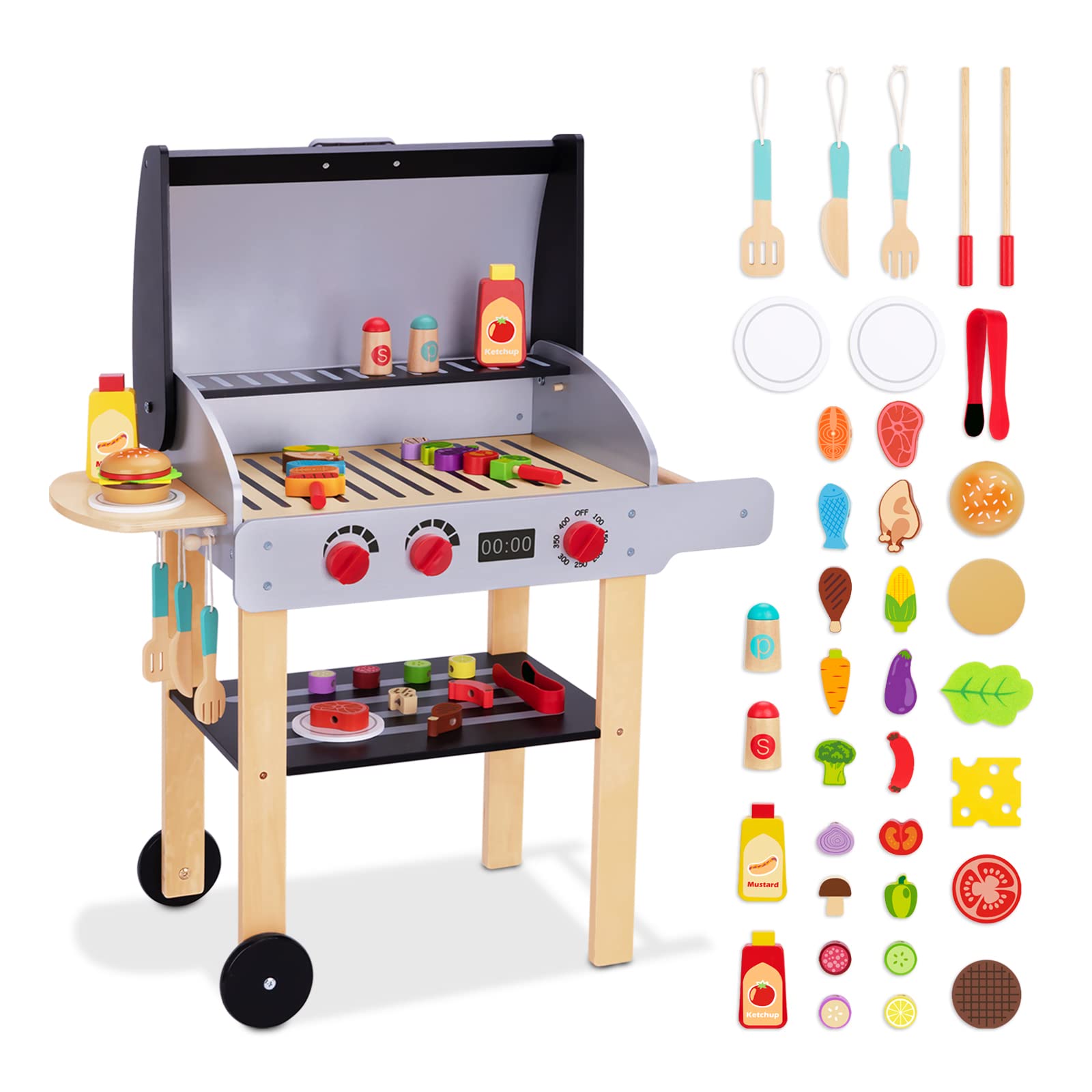 OOOK Wooden Play Barbecue Toy Grill, Kids Grill Playset with Play Food and Grilling Tools, Play Kitchen Accessories for Toddlers Boys Girls Age 3+