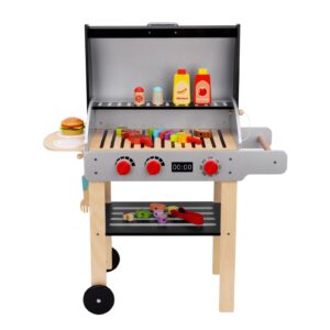 OOOK Wooden Play Barbecue Toy Grill, Kids Grill Playset with Play Food and Grilling Tools, Play Kitchen Accessories for Toddlers Boys Girls Age 3+