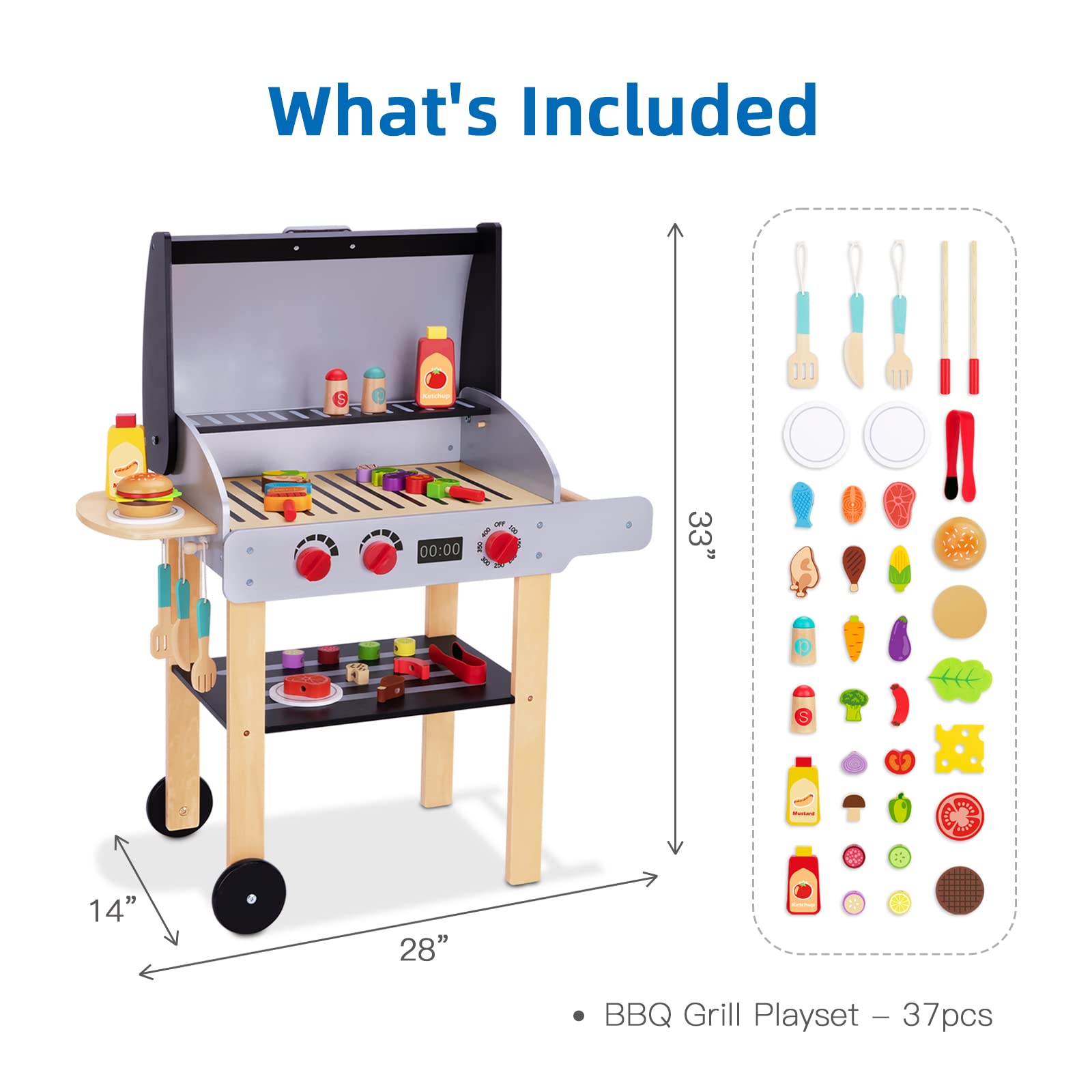 OOOK Wooden Play Barbecue Toy Grill, Kids Grill Playset with Play Food and Grilling Tools, Play Kitchen Accessories for Toddlers Boys Girls Age 3+