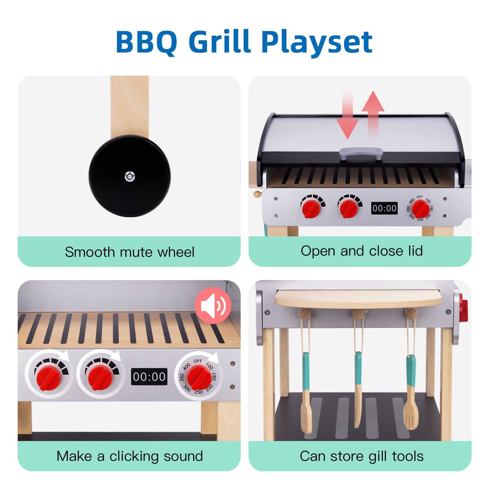 OOOK Wooden Play Barbecue Toy Grill, Kids Grill Playset with Play Food and Grilling Tools, Play Kitchen Accessories for Toddlers Boys Girls Age 3+