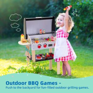 OOOK Wooden Play Barbecue Toy Grill, Kids Grill Playset with Play Food and Grilling Tools, Play Kitchen Accessories for Toddlers Boys Girls Age 3+