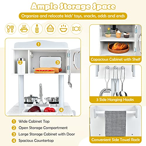 HONEY JOY Kids Kitchen Playset, Double Side Little Chef Play Kitchen for Toddlers, Oven & Sink, Ice Cube Dispenser, Utensils, Microwave, Storage Cabinet, Wooden Pretend Play Toy Kitchen Set, Gray