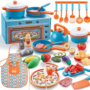 laugigle play kitchen accessories - 46pc kids kitchen playset with kids pots and pans playset, pizza toy, play food with play fruit veggies, kitchen toys, cooking utensils toy, apron, boys girls gift