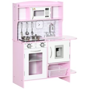 qaba pretend play kitchen toy set for kids with realistic design, stove lights, storage, water dispenser, for 3-6 years old, pink