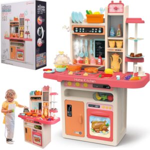 roxie play kitchen set for girls, pink kitchen with realistic lights & sounds, play sink with runnng water, cooking stove with steam, 65 pcs jumbo kitchen toys for kids