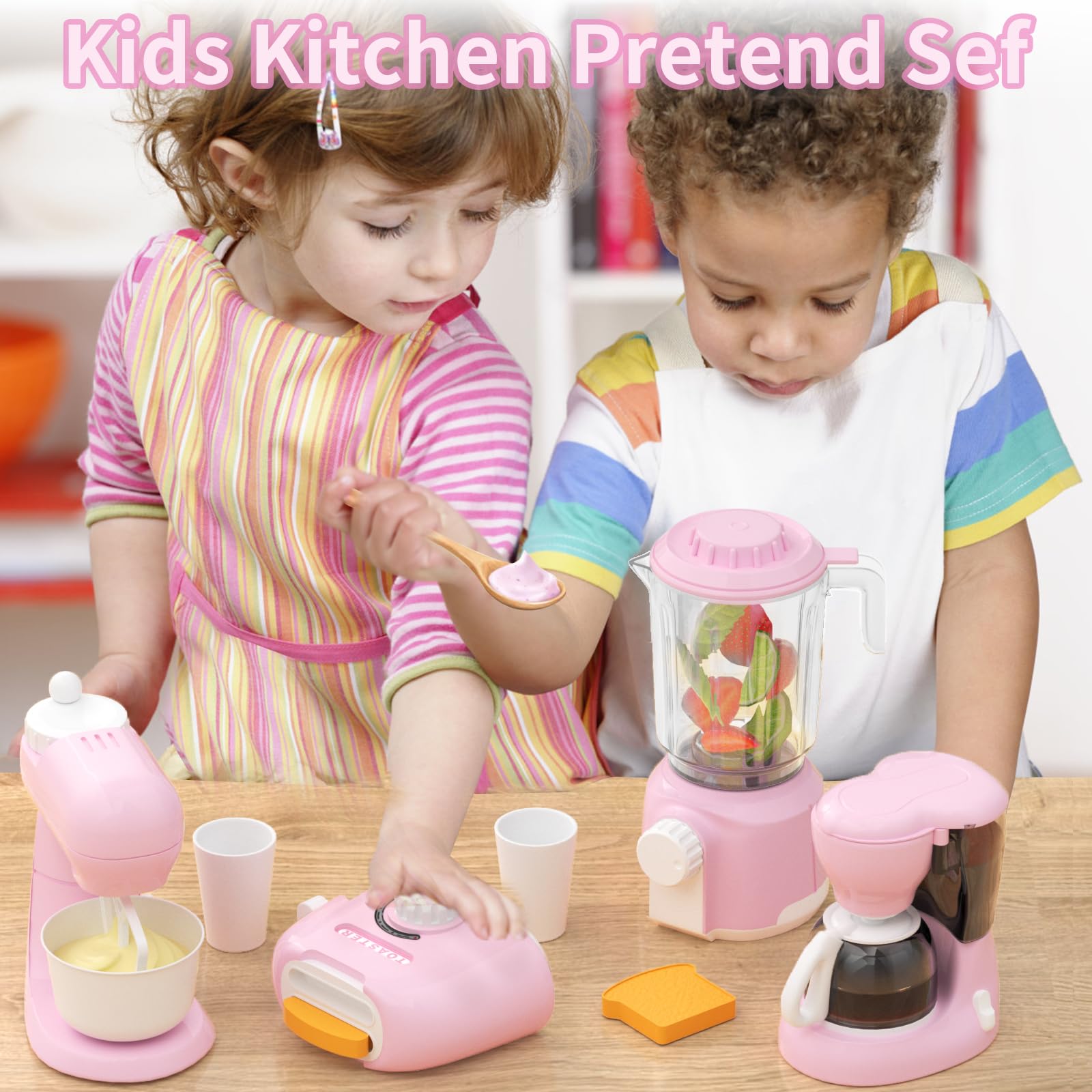 Kitchen Appliances Toys, Toy Kitchen Set for Kids Play Kitchen Accessories Set, Blender, Coffee Maker Machine, Mixer and Toaster. Girls Toys Ages 4-8