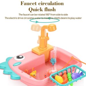 Kitchen Sink Toys with Running Water and Electric Faucet Automatic Water Cycle System，Play Kitchen Toy Accessories for Toddler,Pool Floating Fishing Toys，Pretend Role Play Toys for Boys Girls