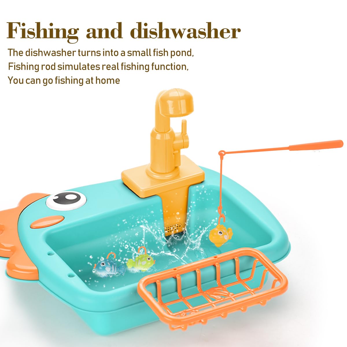 Kitchen Sink Toys with Running Water and Electric Faucet Automatic Water Cycle System，Play Kitchen Toy Accessories for Toddler,Pool Floating Fishing Toys，Pretend Role Play Toys for Boys Girls