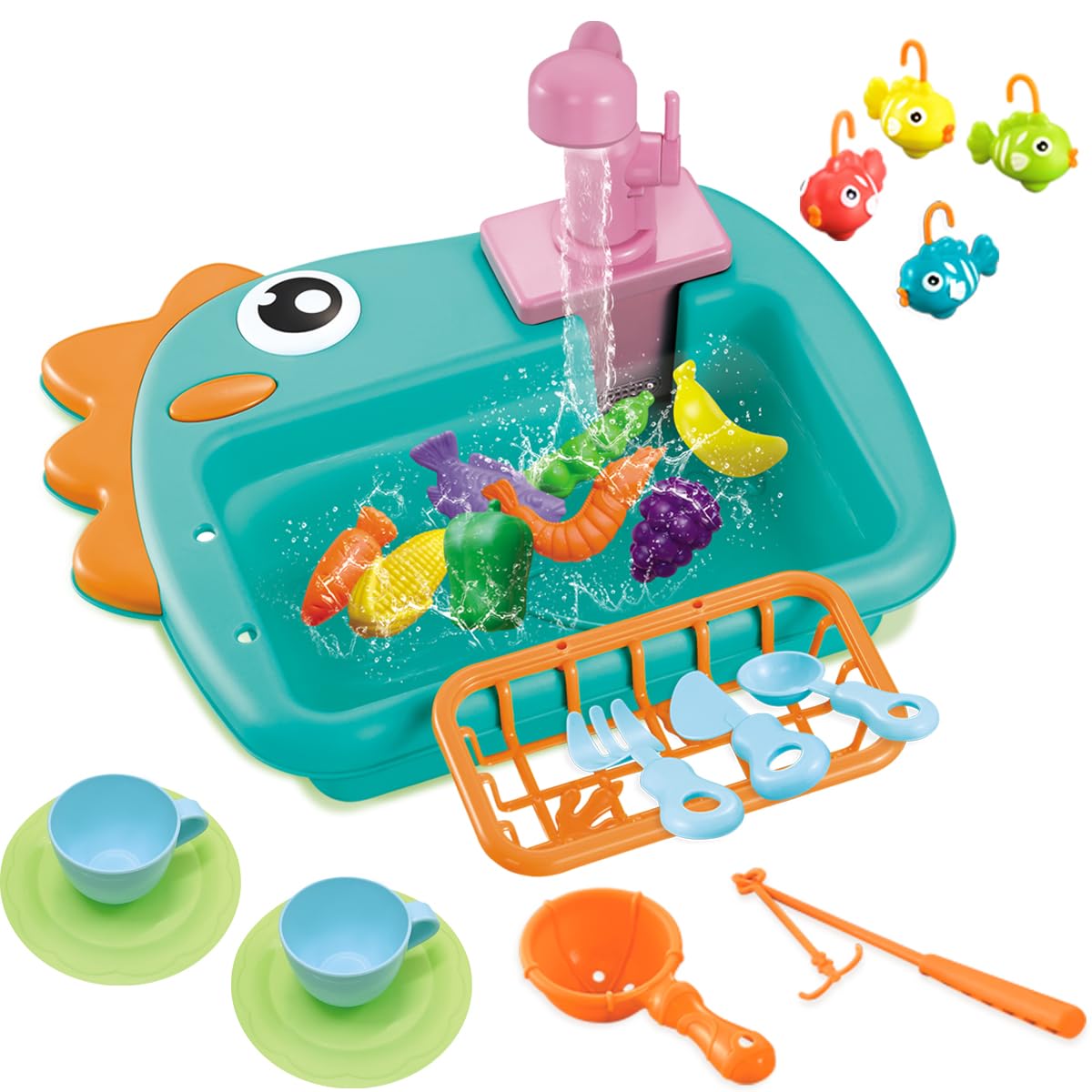 Kitchen Sink Toys with Running Water and Electric Faucet Automatic Water Cycle System，Play Kitchen Toy Accessories for Toddler,Pool Floating Fishing Toys，Pretend Role Play Toys for Boys Girls