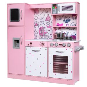 lil' jumbl kids kitchen set, pretend wooden play kitchen, battery operated icemaker & microwave with realistic sound, pots & pan included - pink