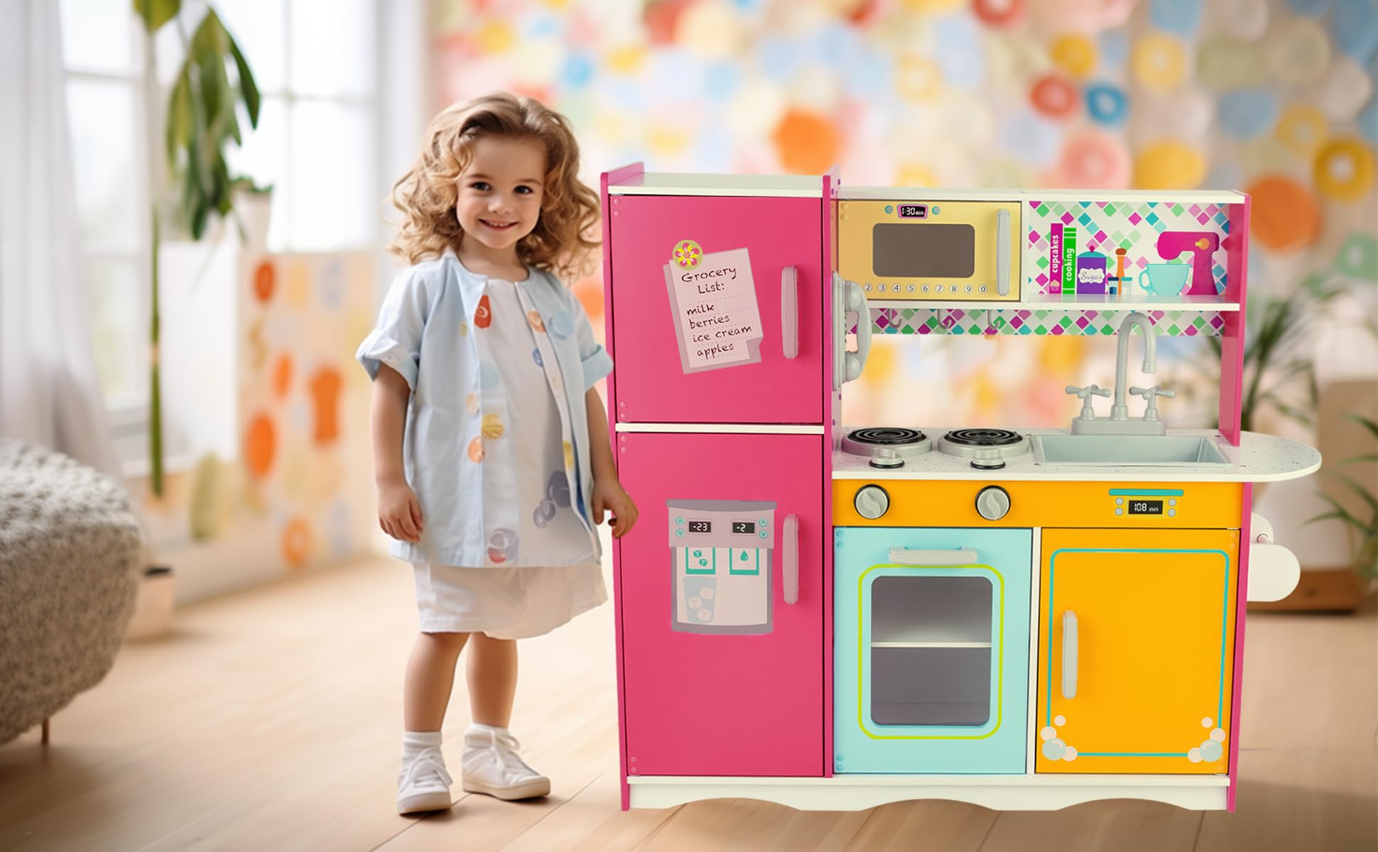 WoodenEdu Kitchen Playset for Kids Ages 3-8, Wooden Pretend Play Kitchen, Including Telephone, Ice Maker, Refrigerator, Dimensions: 35” H x 31” W x 12” D (Colorful)