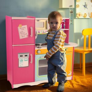 WoodenEdu Kitchen Playset for Kids Ages 3-8, Wooden Pretend Play Kitchen, Including Telephone, Ice Maker, Refrigerator, Dimensions: 35” H x 31” W x 12” D (Colorful)