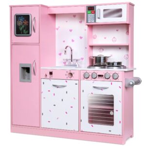 lil' jumbl kids kitchen set, pretend wooden play kitchen, battery operated icemaker & microwave with realistic sound, pots & pan included - pink