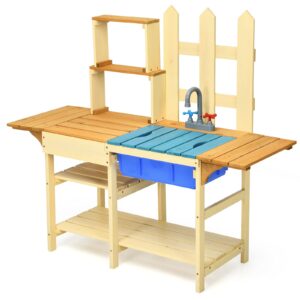 costzon mud kitchen for kids outdoor, wooden pretend play kitchen with removable sink, faucet, storage shelves, mud table, kids kitchen playset for girls & boys age 3+