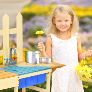 Costzon Mud Kitchen for Kids Outdoor, Wooden Pretend Play Kitchen with Removable Sink, Faucet, Storage Shelves, Mud Table, Kids Kitchen Playset for Girls & Boys Age 3+