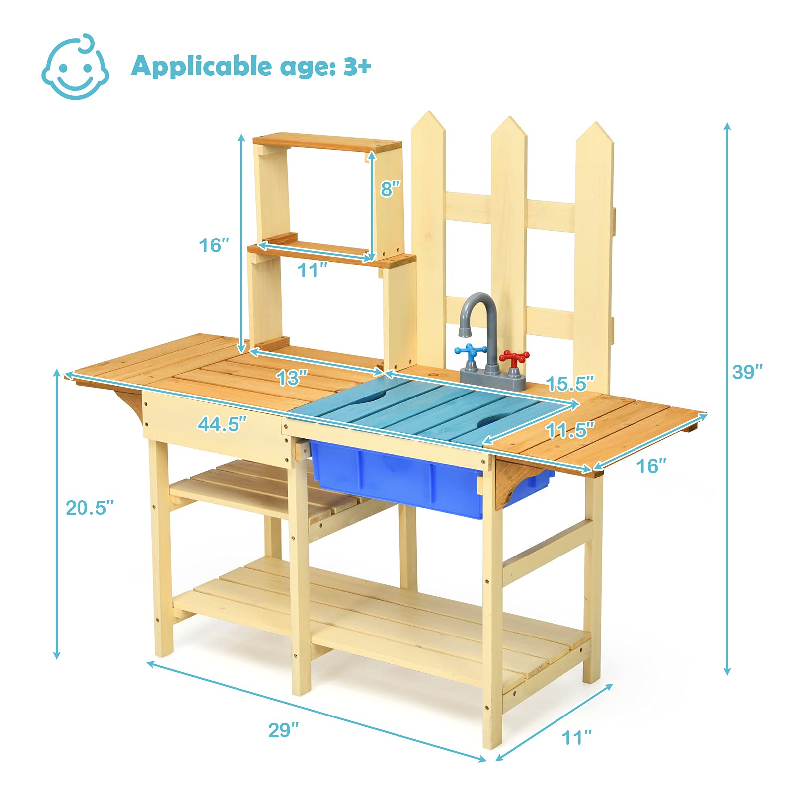 Costzon Mud Kitchen for Kids Outdoor, Wooden Pretend Play Kitchen with Removable Sink, Faucet, Storage Shelves, Mud Table, Kids Kitchen Playset for Girls & Boys Age 3+