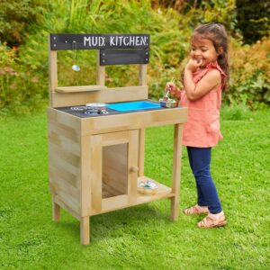 TP Toys, Junior Cook Mud Kitchen | Outdoor Kids Kitchen Playset | Backyard Play Kitchen for Toddlers with Water Play Splash Tub and Kids Pots and Pans | Treated FSC Certified Timber | Ages 3-8.