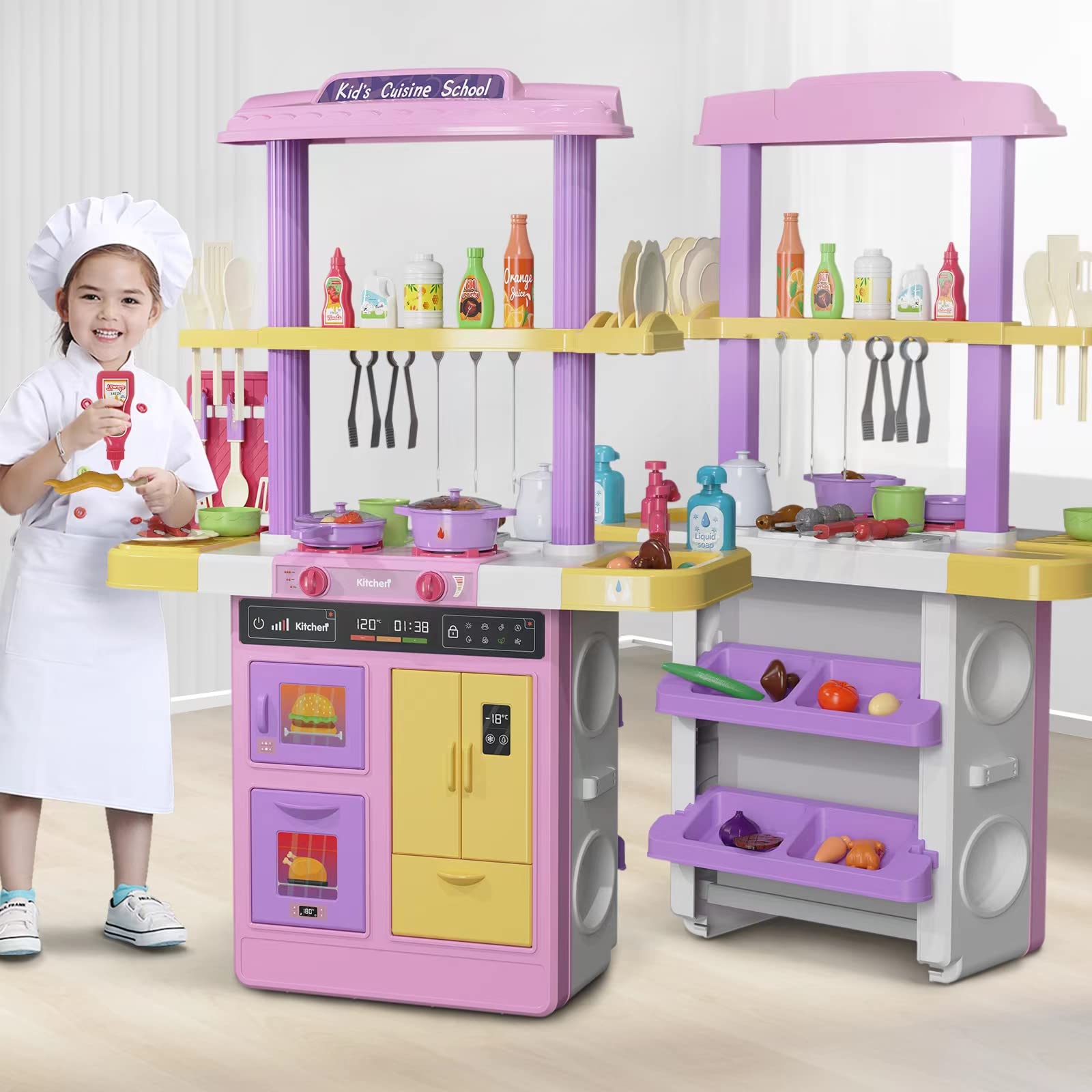 TEMI kids kitchen playset & 60 Pcs Toy Accessories Set,Kids Pink kitchen Toys & Grill Playset, Play Kitchen w/Real Sounds and Light, Pretend Play Set for Toddlers, Kids, Girls & Boys (Pink)