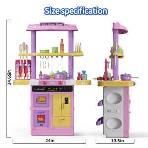 TEMI kids kitchen playset & 60 Pcs Toy Accessories Set,Kids Pink kitchen Toys & Grill Playset, Play Kitchen w/Real Sounds and Light, Pretend Play Set for Toddlers, Kids, Girls & Boys (Pink)