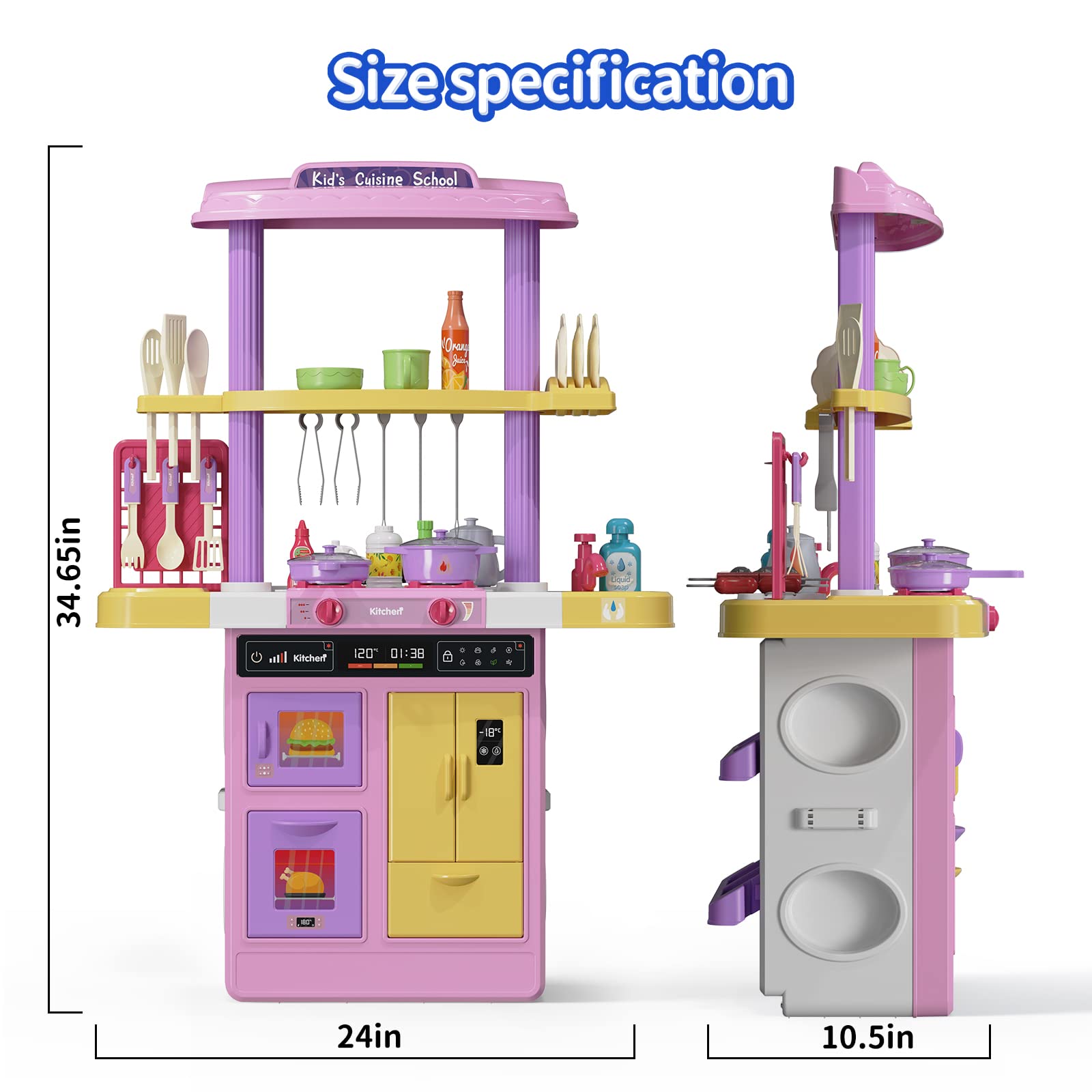 TEMI kids kitchen playset & 60 Pcs Toy Accessories Set,Kids Pink kitchen Toys & Grill Playset, Play Kitchen w/Real Sounds and Light, Pretend Play Set for Toddlers, Kids, Girls & Boys (Pink)