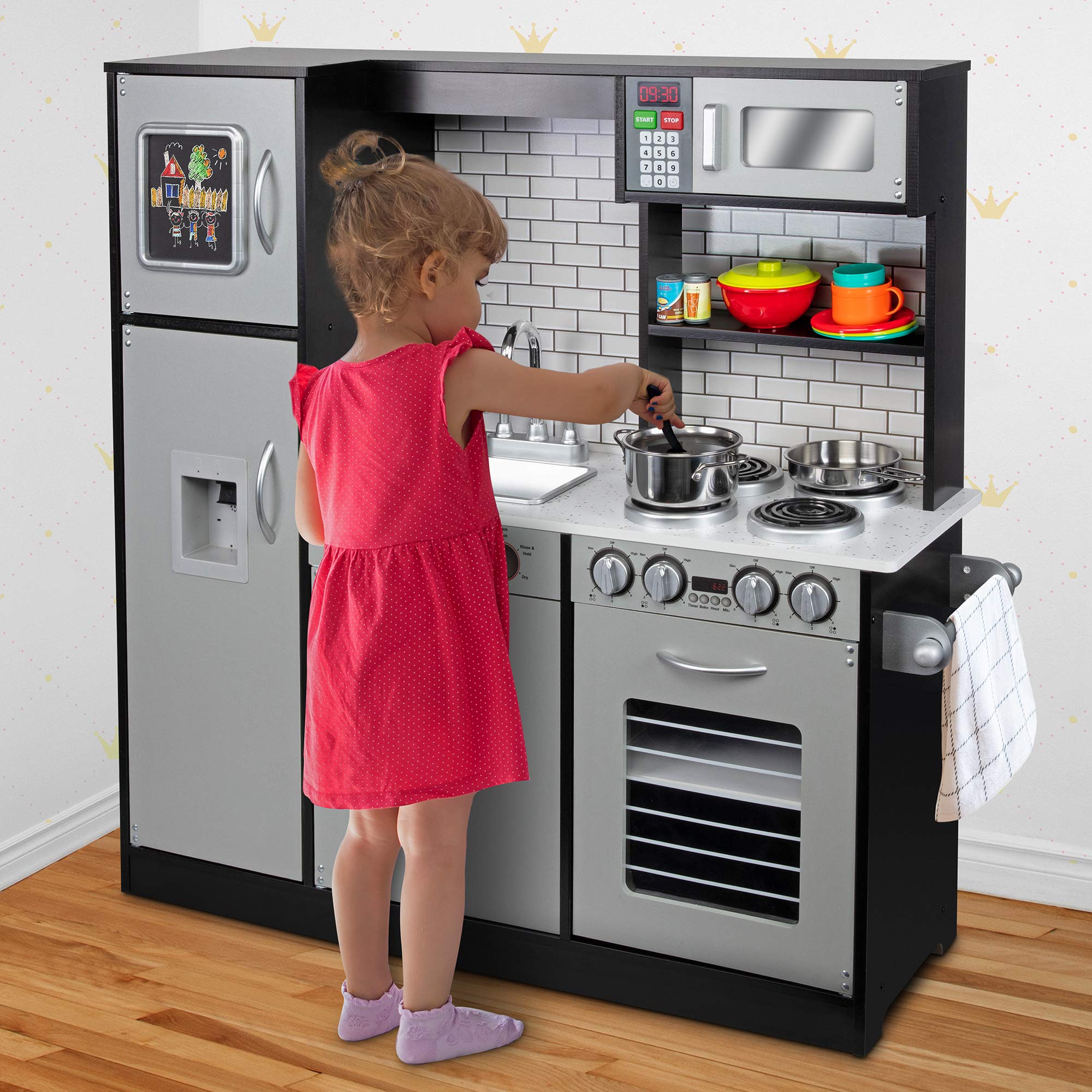 Lil' Jumbl Kids Kitchen Set, Pretend Wooden Play Kitchen, Battery Operated Icemaker & Microwave with Realistic Sound, Pots & Pan Included - Charcoal