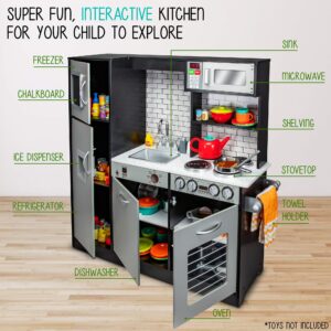 Lil' Jumbl Kids Kitchen Set, Pretend Wooden Play Kitchen, Battery Operated Icemaker & Microwave with Realistic Sound, Pots & Pan Included - Charcoal