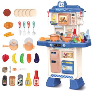 deao kitchen playset toy with sounds and lights, role playing game pretend food and cooking playset for kids,35 pcs kitchen accessories set for 3 4 5 years old girls boys (blue)