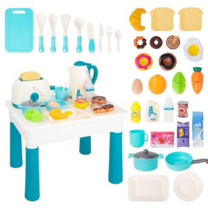 deao kids kitchen toy accessories,play food sets for kids,kitchen desk with 33pcs kitchen toys,cutting food,water bottle toy,toaster toy,pots and pans