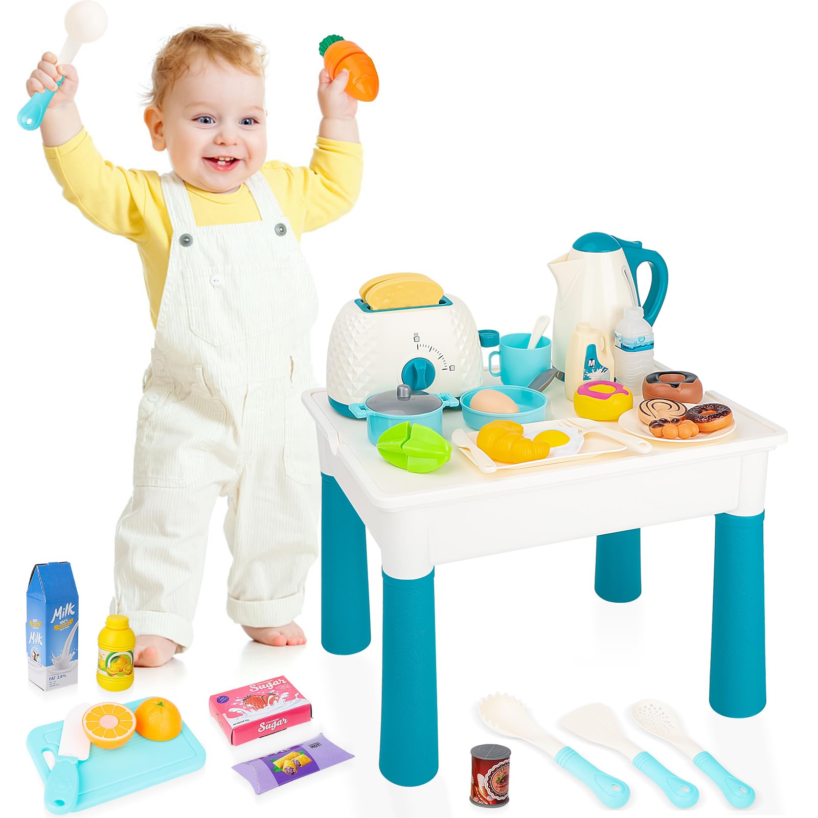 deAO Kids Kitchen Toy Accessories,Play Food Sets for Kids,Kitchen Desk with 33PCS Kitchen Toys,Cutting Food,Water Bottle Toy,Toaster Toy,Pots and Pans