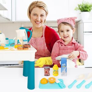 deAO Kids Kitchen Toy Accessories,Play Food Sets for Kids,Kitchen Desk with 33PCS Kitchen Toys,Cutting Food,Water Bottle Toy,Toaster Toy,Pots and Pans