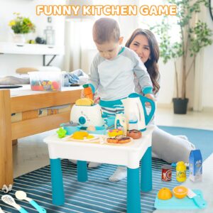 deAO Kids Kitchen Toy Accessories,Play Food Sets for Kids,Kitchen Desk with 33PCS Kitchen Toys,Cutting Food,Water Bottle Toy,Toaster Toy,Pots and Pans