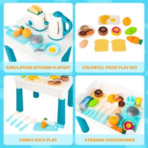 deAO Kids Kitchen Toy Accessories,Play Food Sets for Kids,Kitchen Desk with 33PCS Kitchen Toys,Cutting Food,Water Bottle Toy,Toaster Toy,Pots and Pans