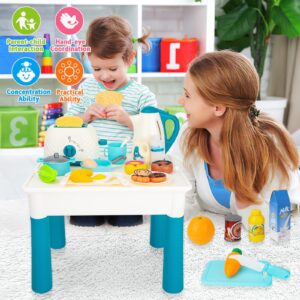 deAO Kids Kitchen Toy Accessories,Play Food Sets for Kids,Kitchen Desk with 33PCS Kitchen Toys,Cutting Food,Water Bottle Toy,Toaster Toy,Pots and Pans