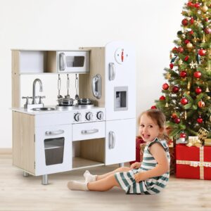 Arlopu Preschool Kitchen Sets, Wooden Pretend Cooking Playset, Toddler Small Pretend Cooking Set with Telephone, Stove, Microwave, Water Dispenser, Shelf, Cabinets Kids Kitchen