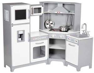 amazon basics kids corner wooden kitchen toy playset with stove, oven, sink, fridge and accessories, for toddlers, preschoolers, children age 3+ years, white & gray, 39.37"l x 28.35"w x 35.04"h