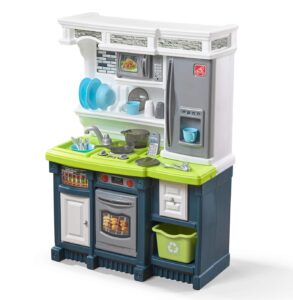 step2 lifestyle custom kitchen set for kids, indoor/outdoor play kitchen set, toddlers 2+ years old, 20 piece kitchen toy set, easy to assemble, blue, white & green