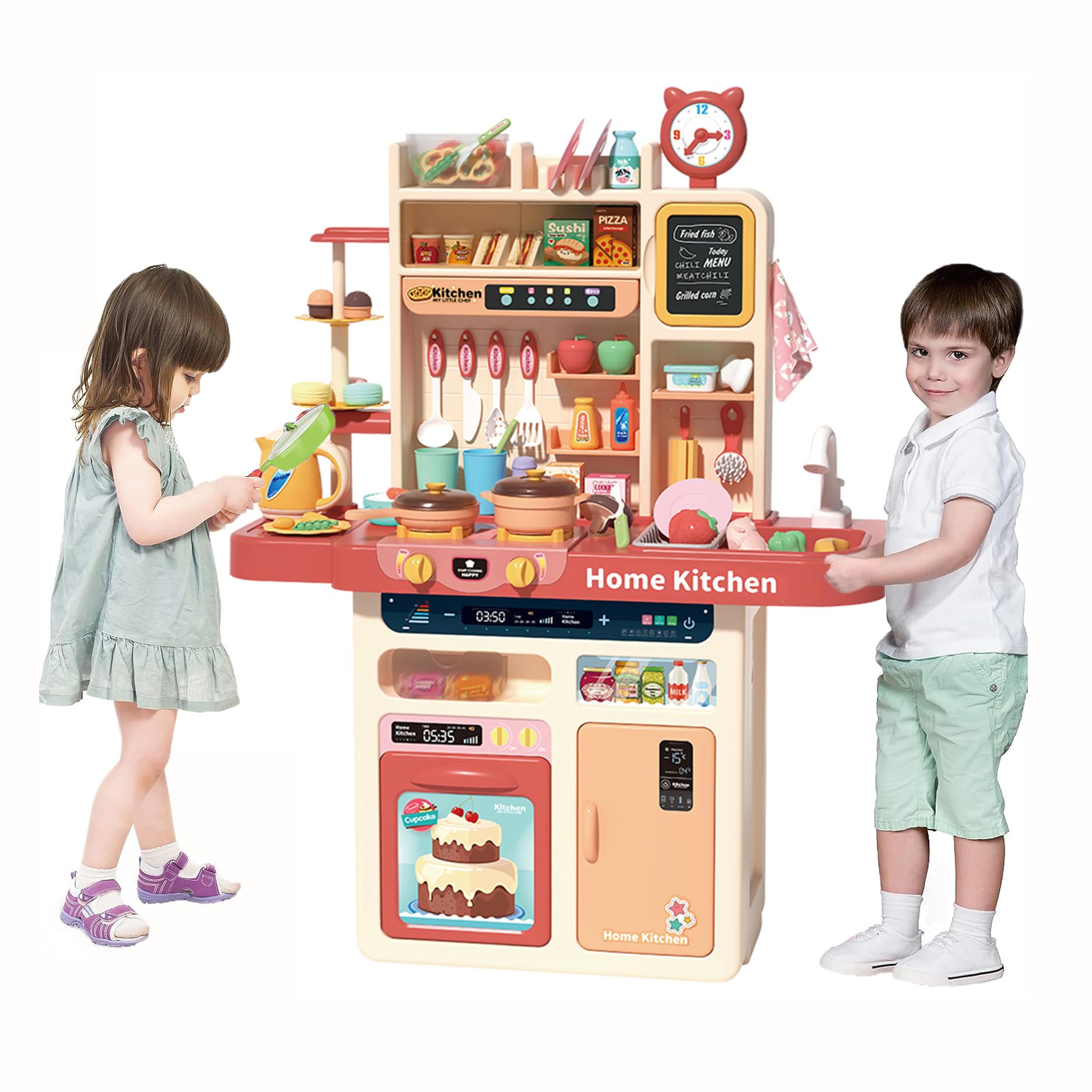 Play Kitchen- Kitchen Playset Pretend Food - Toy Accessories Set w/Real Sounds & Light, Play Sink, Cooking Stove with Steam, 88 PCS forToddlers Kids 37 inch