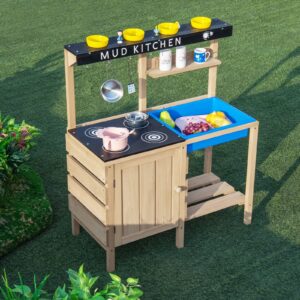 Costzon Mud Kitchen, Wooden Pretend Play Kitchen with Removable Sink, Stoves, Cooking Accessories, Backyard Garden Worktop Toy, Mud Kitchen for Kids Outdoor, Kids Kitchen Playset for Boys Girls 3+