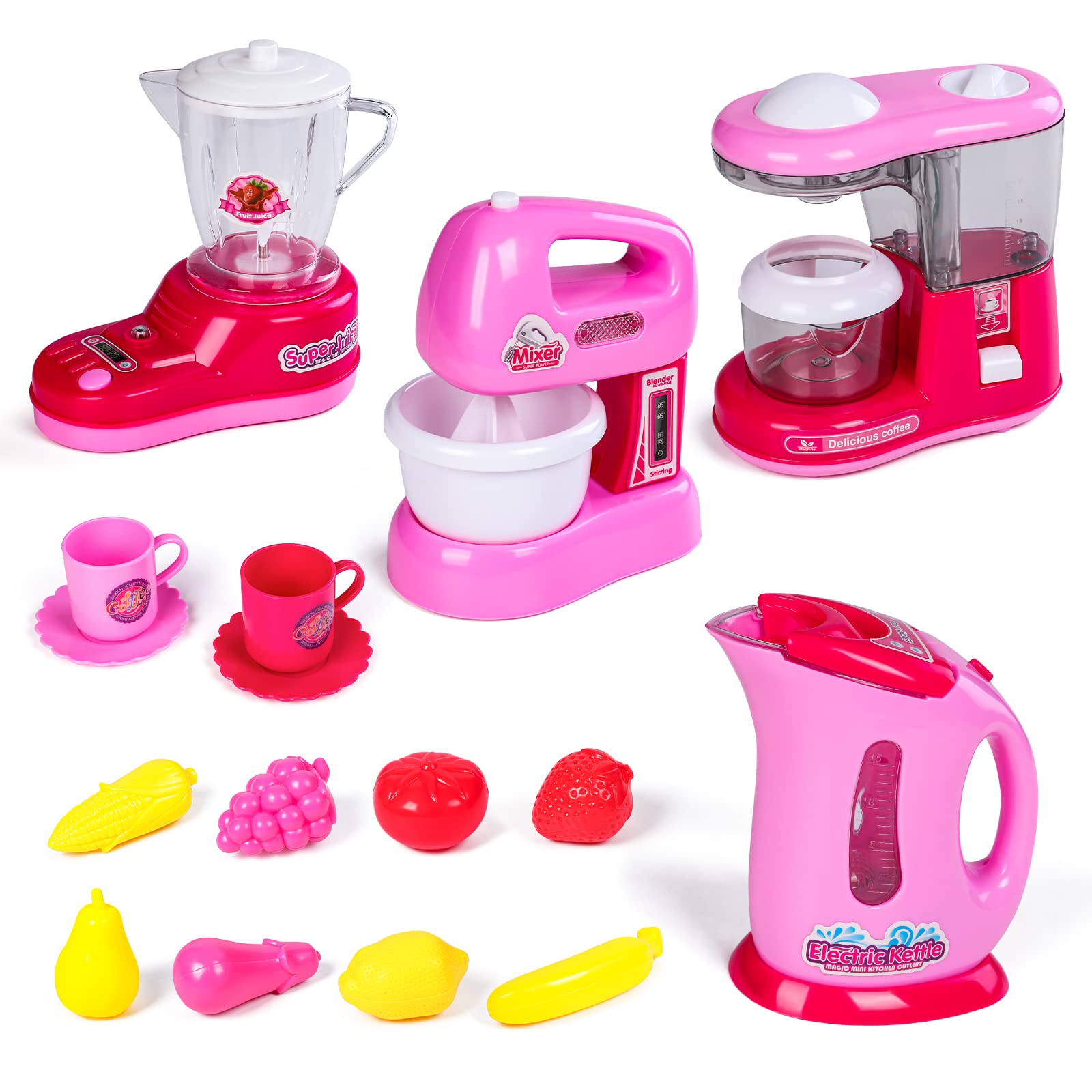 Kitchen Appliances Toy,Kids Kitchen Pretend Accessories Play Set,Coffee Maker Machine,Blender,Mixer and Kettle with Realistic Light and Sounds,Play Kitchen Set for Kids Boys Girls