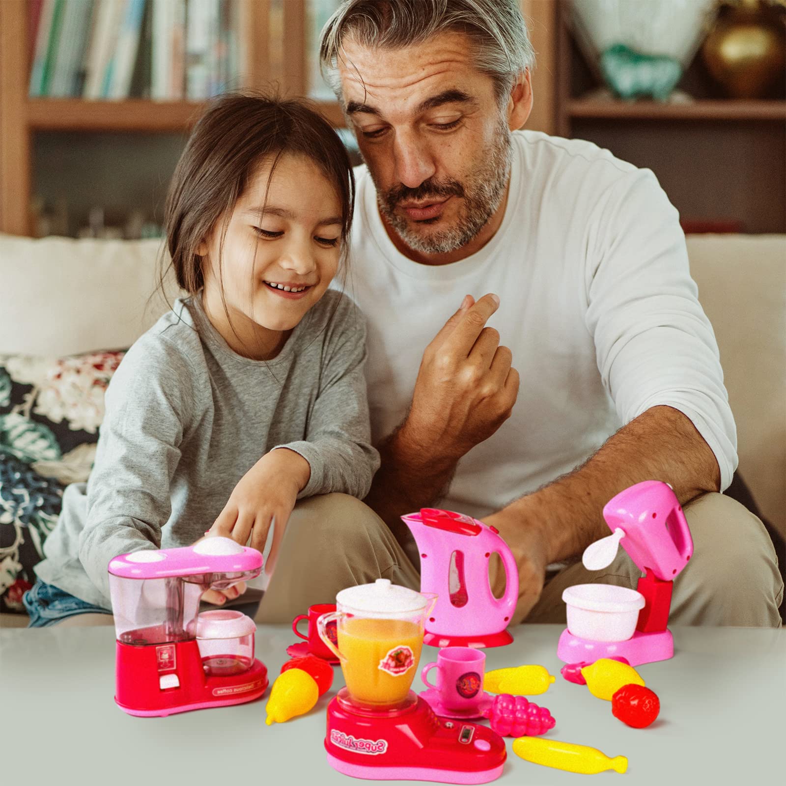 Kitchen Appliances Toy,Kids Kitchen Pretend Accessories Play Set,Coffee Maker Machine,Blender,Mixer and Kettle with Realistic Light and Sounds,Play Kitchen Set for Kids Boys Girls