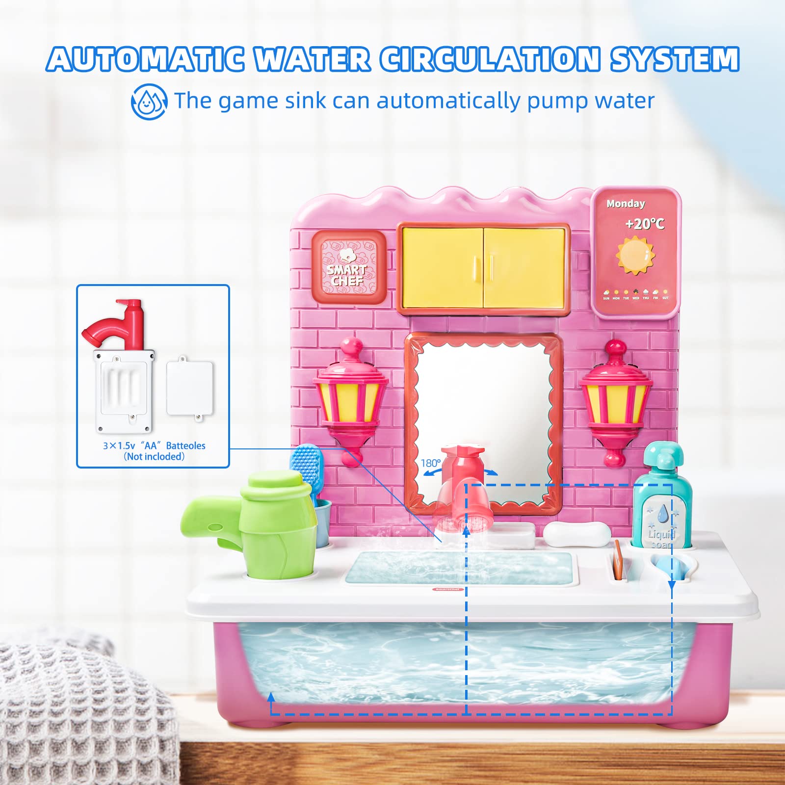 Kid Makeup Set Toys Vanity for Girl Kids Vanity Set with Mirror Age 4-9 with Real Faucets Water Circulation Pretend Cosplay Set Suitable as Gifts for 3-5 Years Old Boys Girls Toddlers