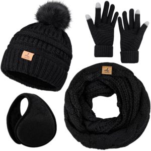 winter hat scarf gloves and ear warmer, warm knit beanie hat touch screen gloves set winter gifts neck scarves for women black