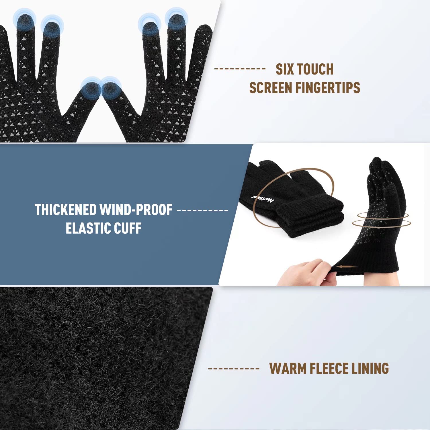 Winter 1-3 PCS Beanie Hat Gloves Scarf For Men And Women, Knit Thick Fleece Lined Warm Touchscreen Gloves Beanie Infitiny Scarf Set (Gloves&Beanie Black Dark Gray)