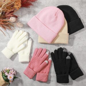 SATINIOR 6 Pieces Winter Beanie Hat Gloves Set, Knit Hat Touchscreen Gloves Soft Skull Cap Set for Women Men(Black, Pink, Apricot, White)