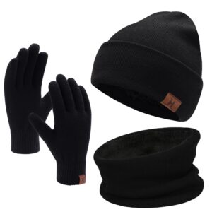 winter men beanie hat, scarf, touch screen gloves, 3 pieces winter warm clothing set for men, black, one size