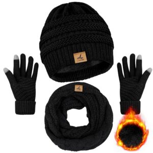 winter beanie hat scarf gloves, warm fleece knit winter hats touch screen gloves neck scarf set winter gifts for unisex adult black